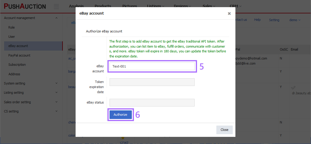 Add and authorize eBay accounts - PushAuction